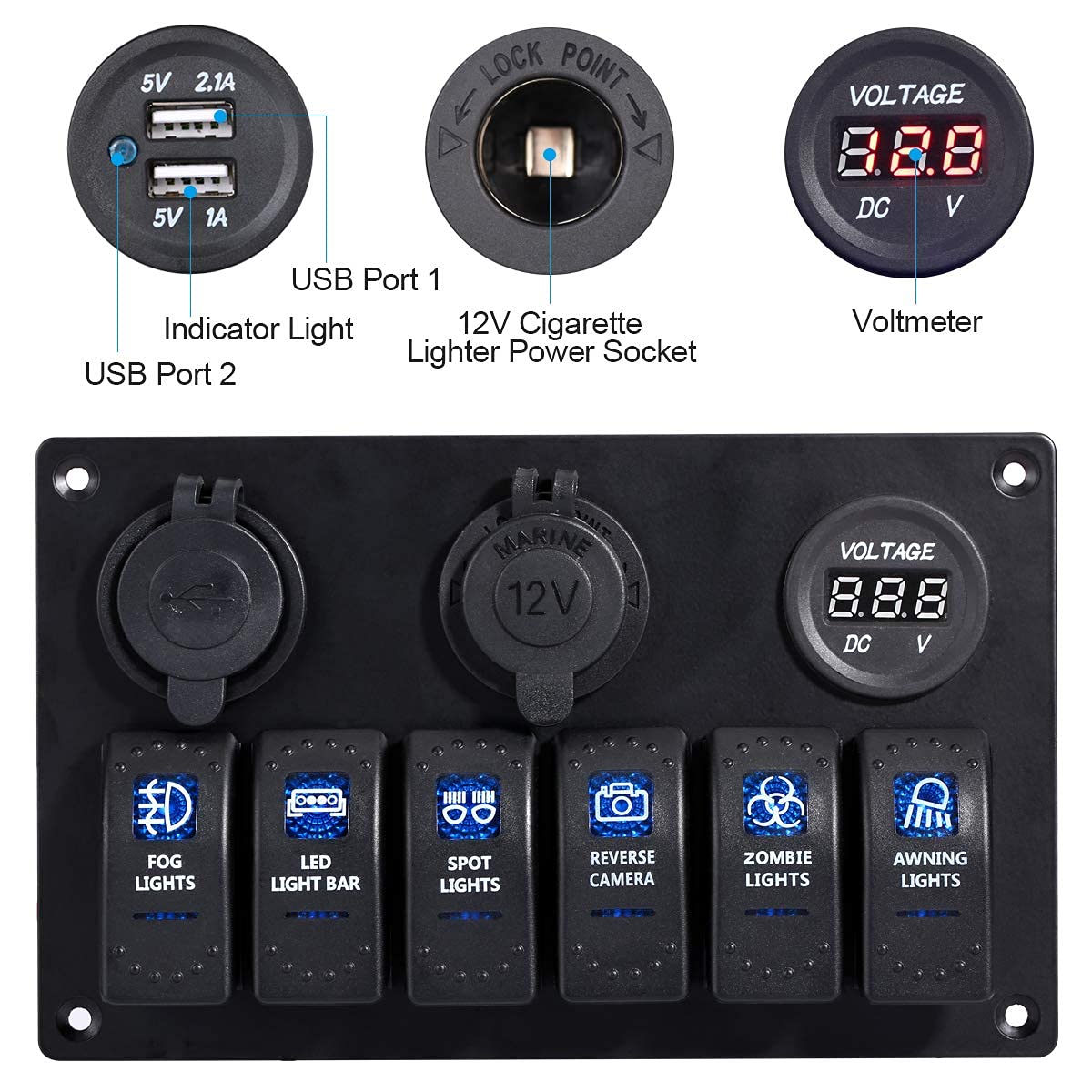 Garfour Rocker Switch Panel with Dual 3.1AUSB + Digital Voltmeter ...